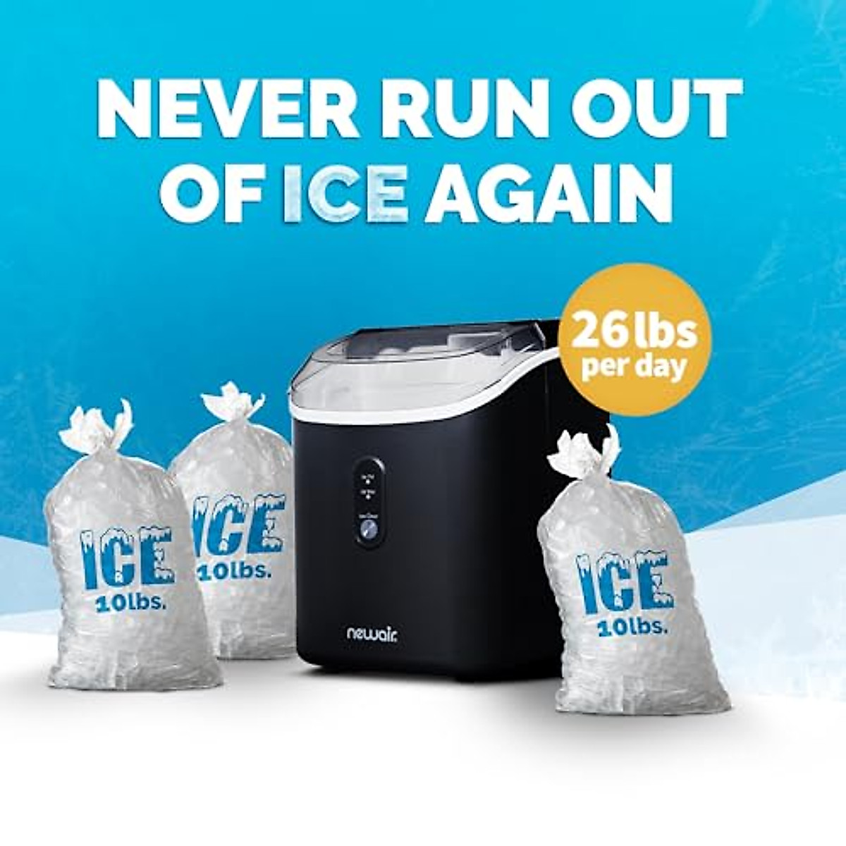 Newair Nugget Countertop Ice Maker Machine | 26 lbs. | Electric Sonic Ice Maker in Matte Black, Self-Cleaning Function, Refillable Water Tank, Perfect Canes Ice for Kitchens, Offices, Home Coffee Bars