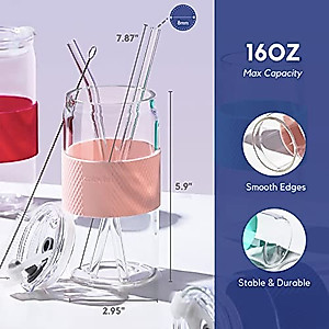 ColoVie Can Shaped Drinking Glass Cups with Lids and Glass Straws 6pc Set-16oz Travel Glass Tumbler Cup with Silicone Protective Sleeve, Iced Coffee Cup, Soda Beer Drinking Jars, Securely Boxed-Gift