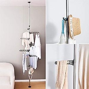 Hershii Adjustable Laundry Pole Corner Clothes Garment Drying Rack Hat Hanger Coat Tree Floor to Ceiling Tension Shelf Storage Organizer with 5 Arms and 1 Hook - Grey