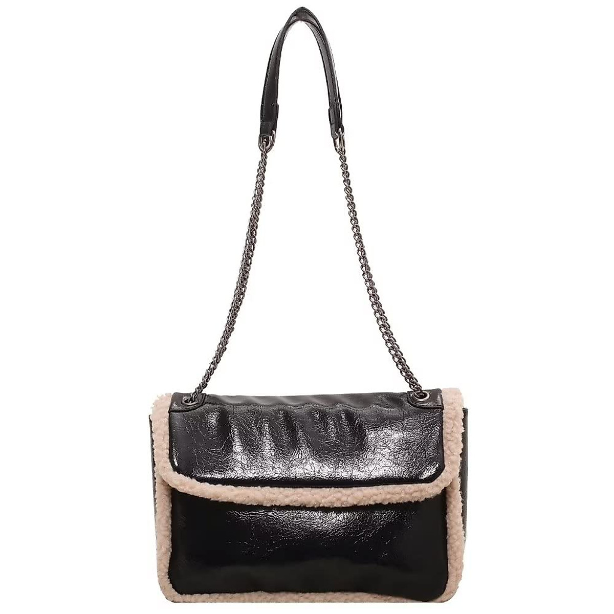 Mudono Shoulder Bag for Women Soft Glossy Crossbody Bag Square Purse Handbag with Faux Shearling Trim and Chain Strap