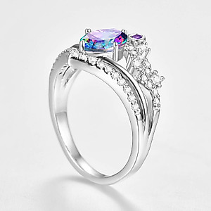 Narica Silver Plated Oval Cut Created Rainbow Topaz CZ Cubic Zirconia Filled Eternity Halo Cocktail Party Wedding Engagement Statement Band Elegant Women's Crown Ring for Mom Bridal Lover Gift 6#