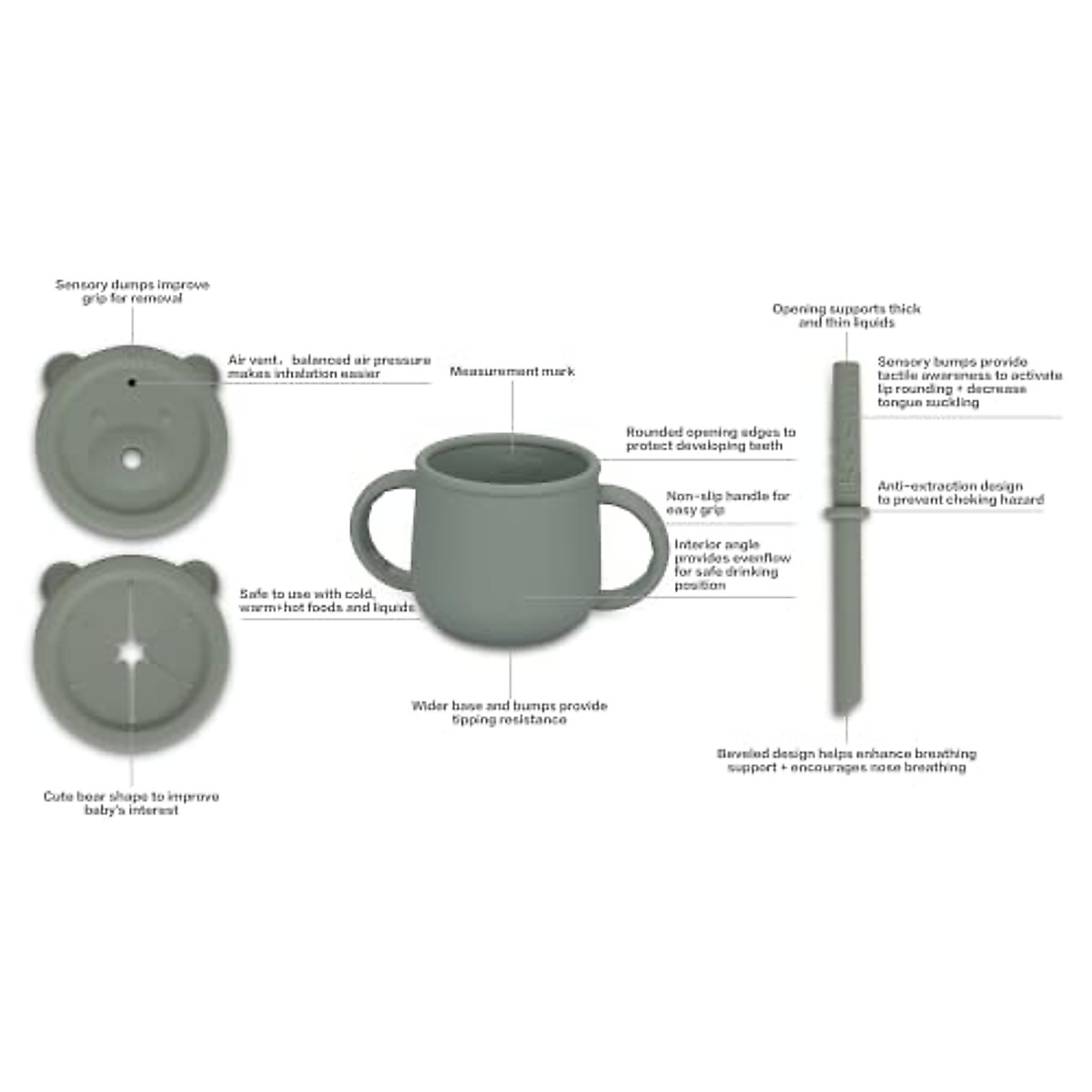 Baby Straw Cup Silicone Toddler Sippy Cup with Straw & Snack Lid, Sprill Proof Training Cup for Infant 6+ Months, Kid Snack Cup Drinking Open Cup 8 OZ (Sea Grey)