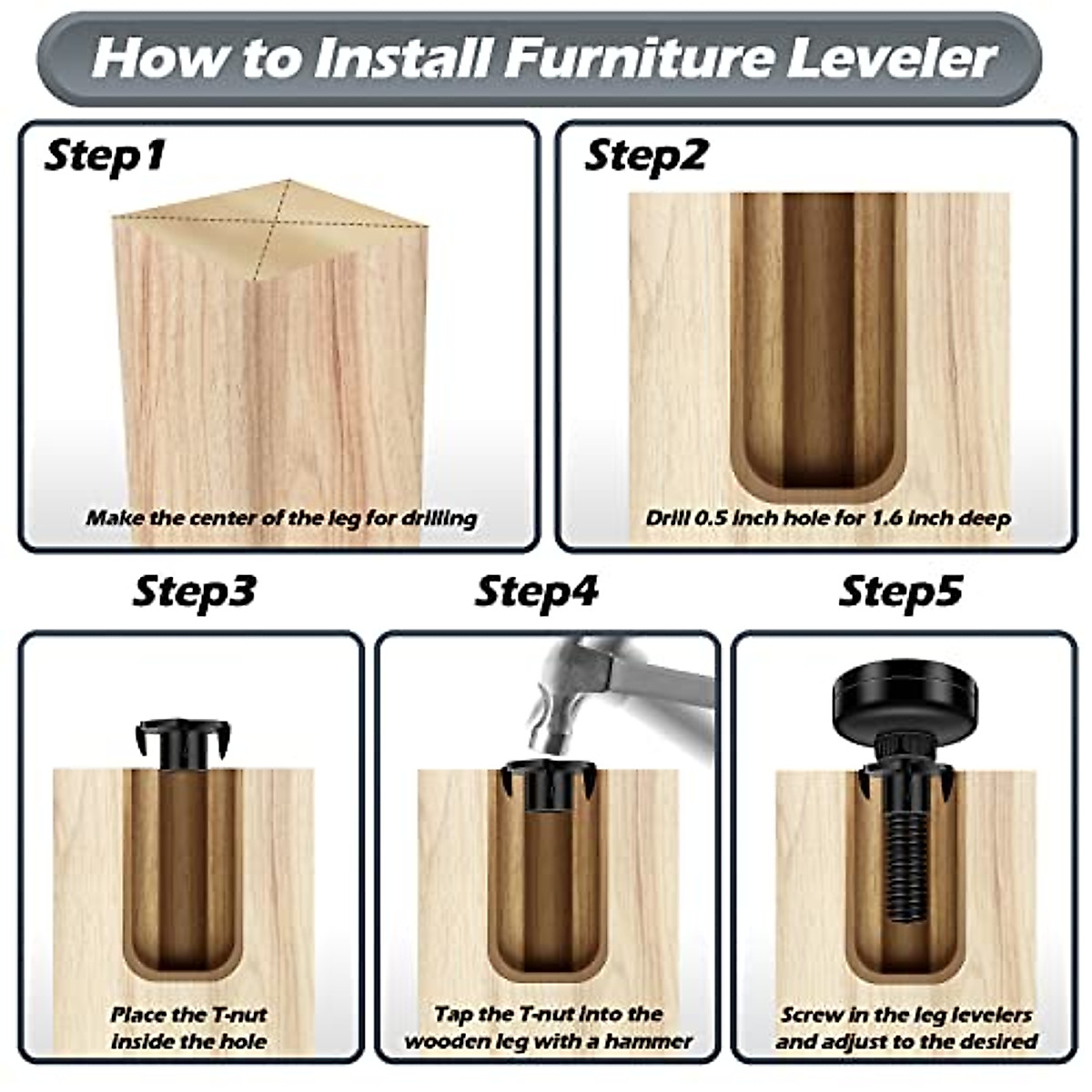 10 Set Adjustable Furniture Leveling Feet, Adjustable Leg Levelers for Cabinets Sofa Tables Chairs Raiser, Heavy Duty Height Adjuster Furniture Levelers Foot with T- Nut Kit 3/8”-16 Thread, Black