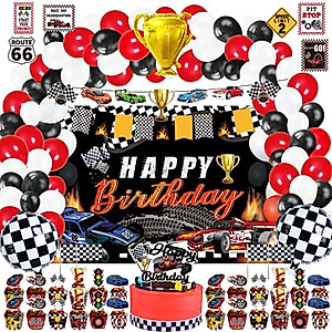 Race Car Birthday Party Supplies, 142 Pcs Racecar Racing Party Decorations for Boys Baby - Backdrop, Banner, Cake, and Cupcake Toppers, Balloons, Cupcakes Wrappers, Party Traffic Signs, Flags