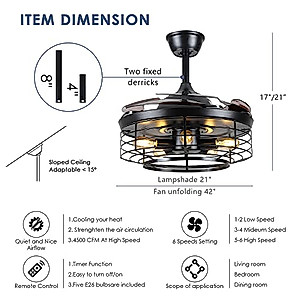 Asyko Retractable Ceiling Fans with Lights and Remote-Caged Farmhouse Ceiling Fan Lights Black, Rustic Industrial Ceiling Fan with Light for Patio Living Room Bedroom（42'' Bulb Included）