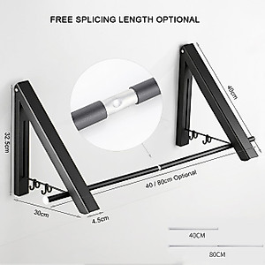 Foldable Wall Mounted Drying Rack with 80CM Extension Rod，Heavy Duty Aluminum Telescopic Clothes Hanger for Laundry Room Organisation Storage Drying Hanging Clothes with Drying Rod (2-Pack, Black)