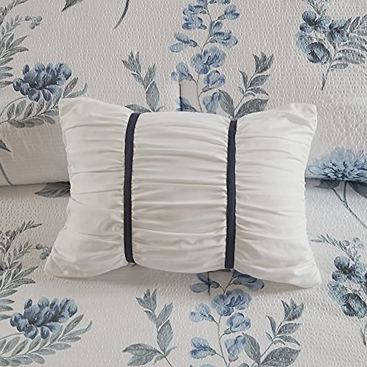 Madison Park Zennia Farmhouse Comforter Set with Throw-Blanket, Floral Print on Seersucker Textures, All Season Bedding, Matching Shams, Toss Pillows, King/Cal King(104"x92"), Blue 7 Piece