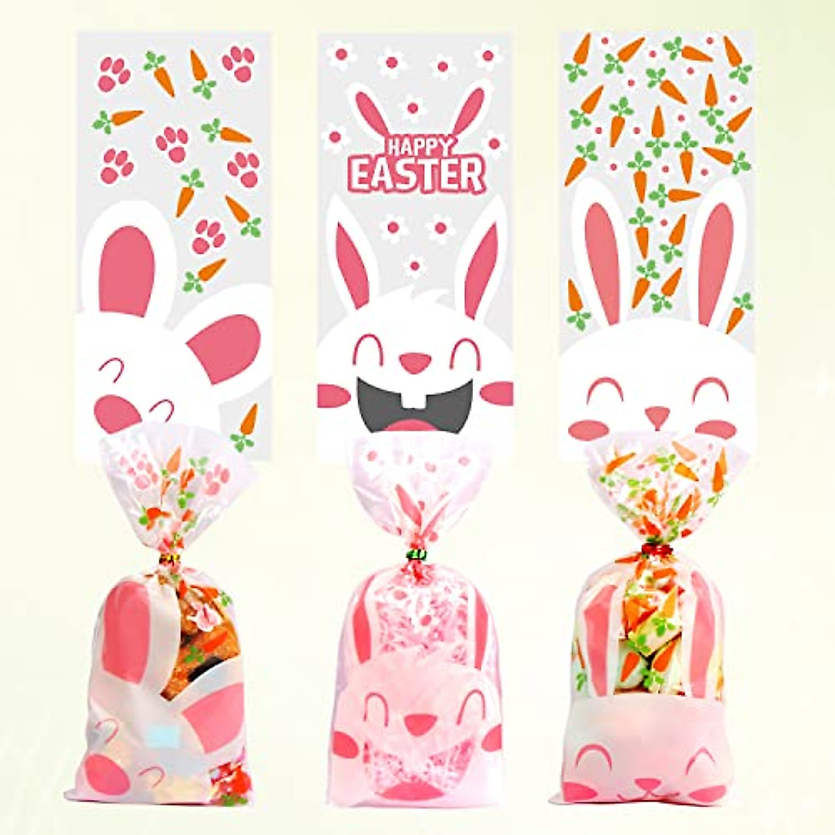 LOMIMOS Easter Cellophane Treat Bags,Rabbit Candy Cookie Packing Bags with Twist Ties, 90pcs