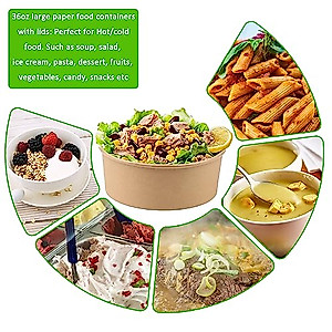 Belinlen 36oz 50 Sets Large Kraft Paper Bowls with Lids, Disposable Bowls with Lids, Paper Salad Bowls, Paper Food Container with Lid Perfect for Hot/Cold Food, Soup, Salad, Ice Cream