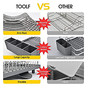 TOOLF Dish Rack, 304 Stainless Steel Dish Drying Rack for Kitchen Counter, Dish Drainer with Cutlery Holder for Large Capacity, Grey
