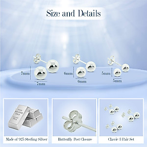 3 Pair Set of Sterling Silver Round Ball Stud Earrings, Includes 5mm-7mm (sterling-silver)