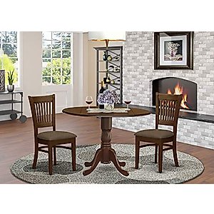 East West Furniture Dublin 3 Piece Kitchen Table & Chairs Set Contains a Round Dining Room Table with Dropleaf and 2 Linen Fabric Upholstered Chairs, 42x42 Inch, Espresso