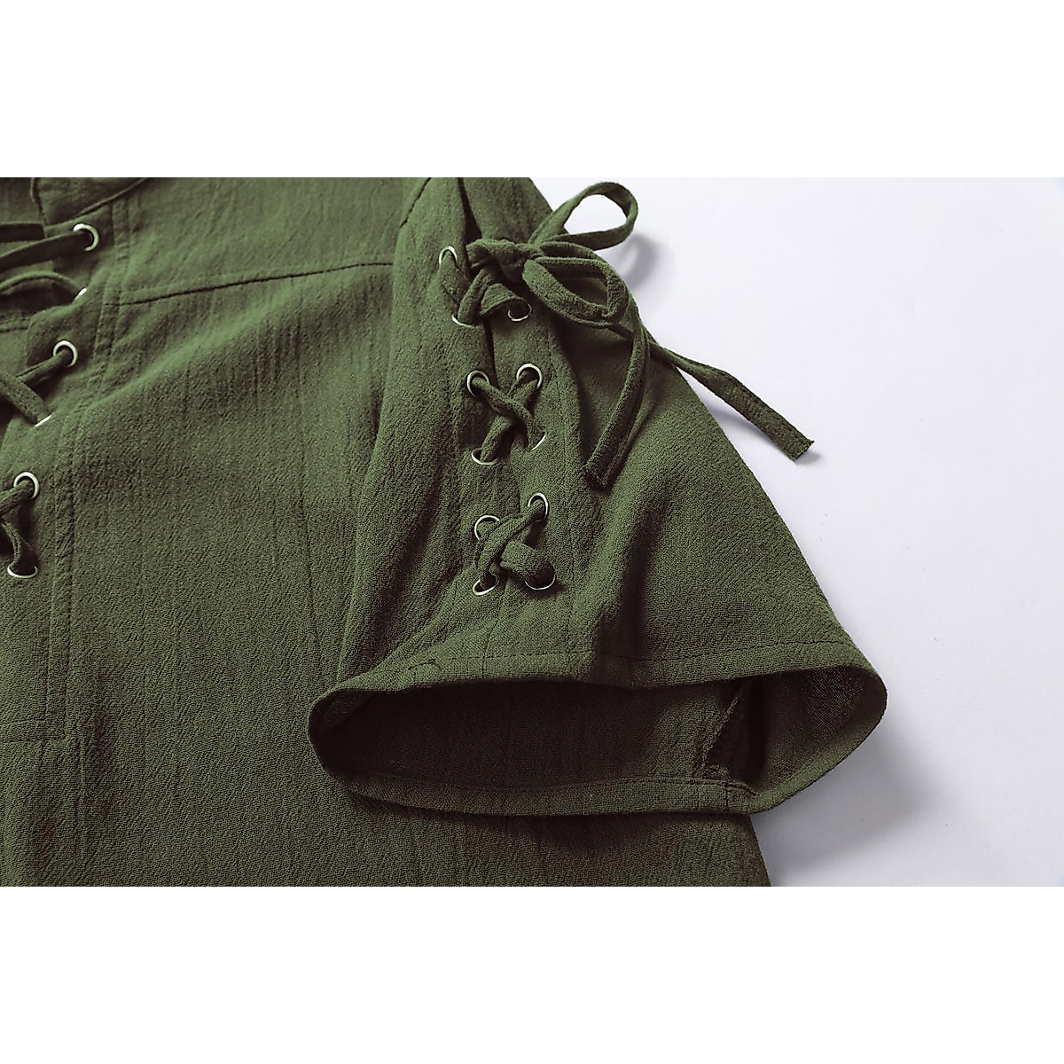 mogenda Men’s Renaissance Costume Beach Shirts Short Sleeve Lace-up Viking Pirate T-Shirts V Neck Hippie Yoga Tops(L,Army)