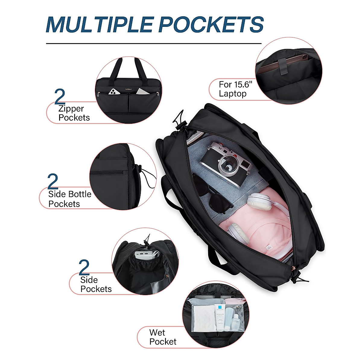 BAGSMART Weekender Bag for Women, 40L Carry on Weekend Overnight Bag, Large Travel Duffel Bag for Traveling, Gym Bag with Shoe Compartment-Black