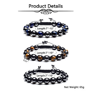 Top Plaza Men's Women's Reiki Healing Energy Natural Tiger Eye Stone Hematite Therapy Beads Macrame Adjustable Braided Link Bracelet(Set Of 3)