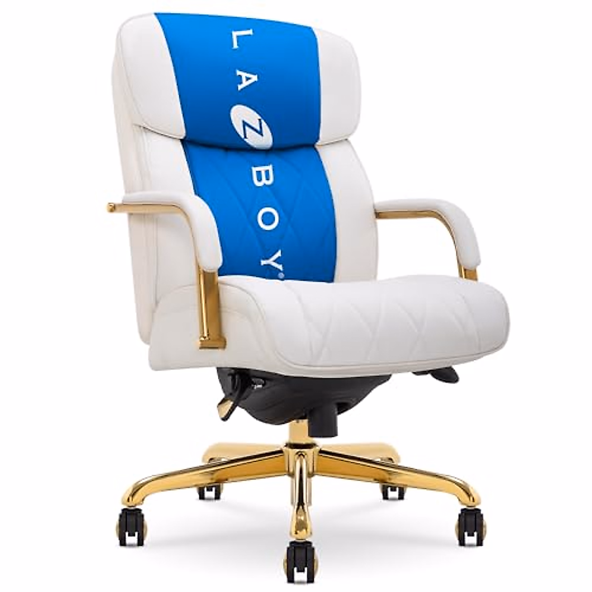 La-Z-Boy® Symphony Executive Mid-Back Office Chair, Diamond Quilt Design, Pocket Coil Cushion, Padded Armrests, Ergonomic Computer DeskChair, Swivel Metal Base, Bonded Leather, White and Gold