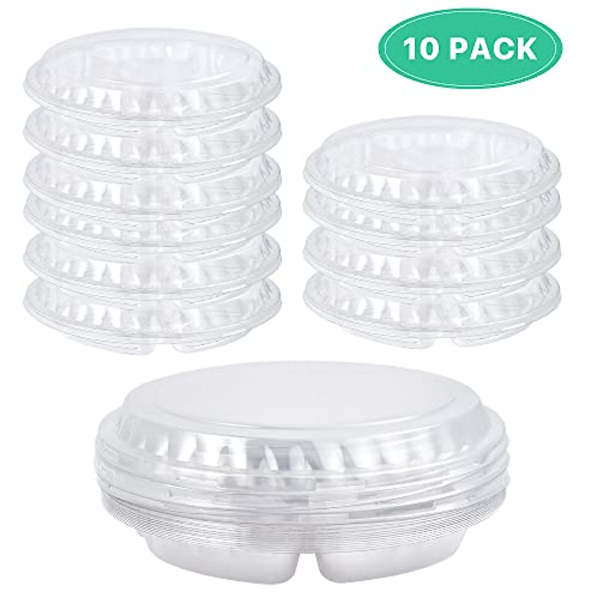 10 Pack Round Appetizer Serving Trays with Lids, 10 Inch Clear Plastic Veggie Fruit Snack Vegetable Food Serving Platters, Disposable Compartments 6 Sectional Catering Trays for Party and Buffet