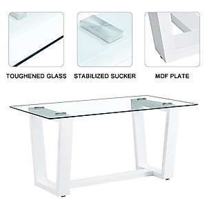 VENBER 63" Rectangular Glass Dining Table for 6-8, Large Modern Minimalist with 0.4" Tempered Glass Tabletop and MDF Trapezoid Bracket,for Kitchen Dining Living Meeting Room (White)
