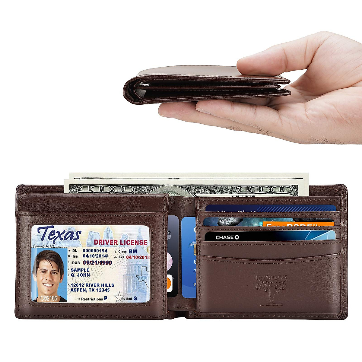 LVCRETIVS Leather Bifold Wallet for Men Full Grain Leather RFID Blocking Wallet with 2 ID Windows