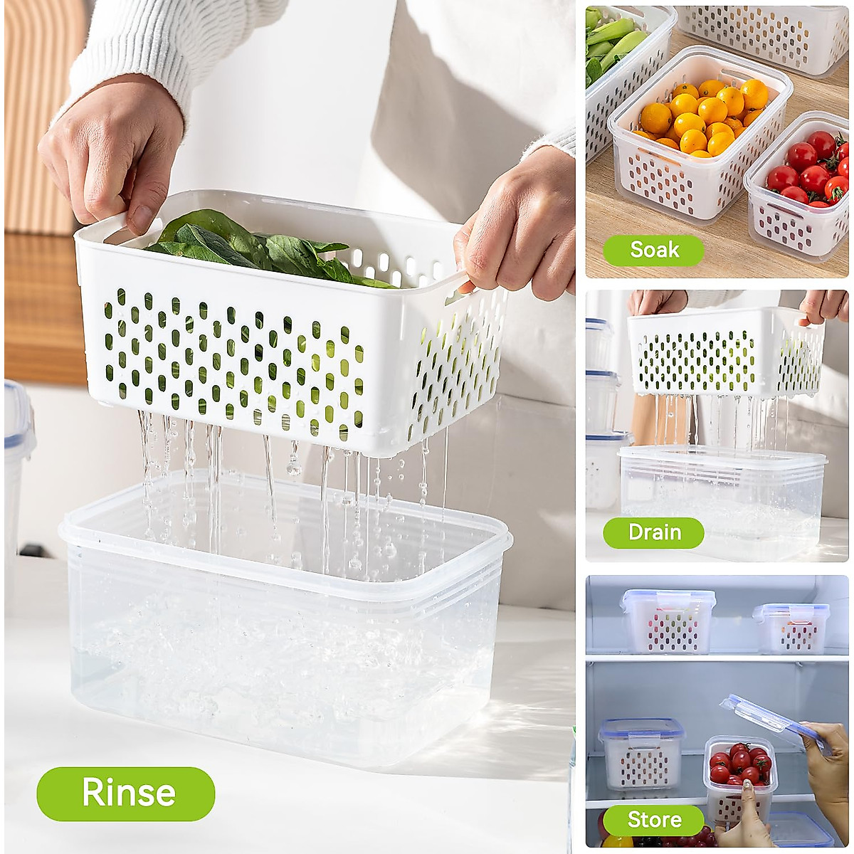 3 Pack Fruit Storage Containers for Fridge, Airtight Food Storage Containers with Removable Colander, Produce Saver Organizers Storage for Refrigerator, Keep Fruit Vegetable Meat Berry Fresh Longer