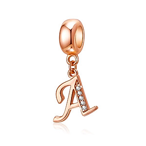 Letter Charms Rose Gold 925 Sterling Silver Alphabet Initial Crystal Dangle Beads fit Pandora Bracelets (A)