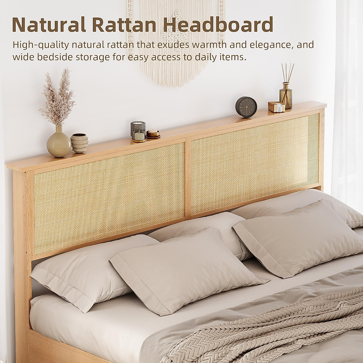 GarveeHome Natural Rattan Queen Size Bed Frame with Sliding Barn Door Storage Cabinets and LED Light Headboard, Boho Farmhouse Wood Platform Bed with Solid Wood Legs Support, No Box Spring Needed