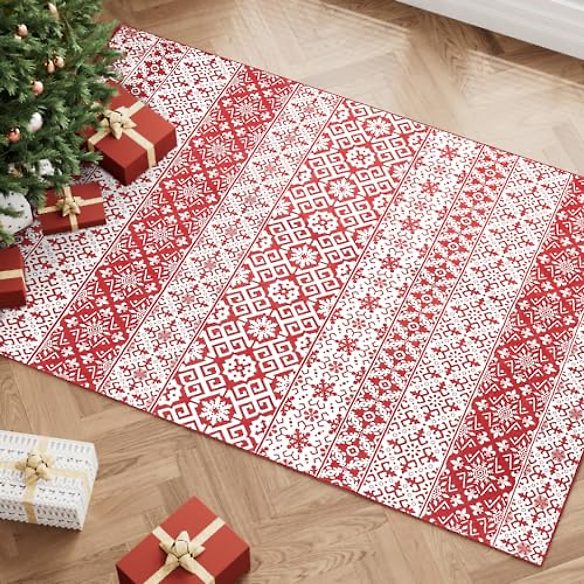 WondRg Christmas Area Rug 2x3 Red Snowflake Holiday Decorative Doormat Entryway Kitchen Washable Non Slip Soft Low Pile Small Carpet for Living Room Bedroom Entrance Dining Room Bathroom