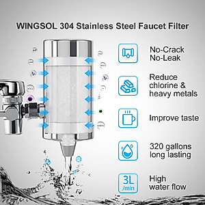 WINGSOL Stainless-Steel Faucet Water Filter, Faucet Mount Water Filtration System, Tap Water Filter, Reduce Heavy Metals, Chlorine and Bad Taste, 320G Long Lasting -1 Filter Included