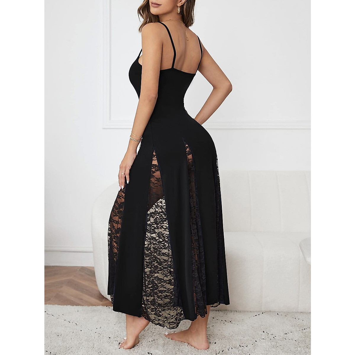 SweatyRocks Women's Contrast Lace Nightgown Spaghetti Strap Lace Insert Cami Sleepdress Nightwear Black S