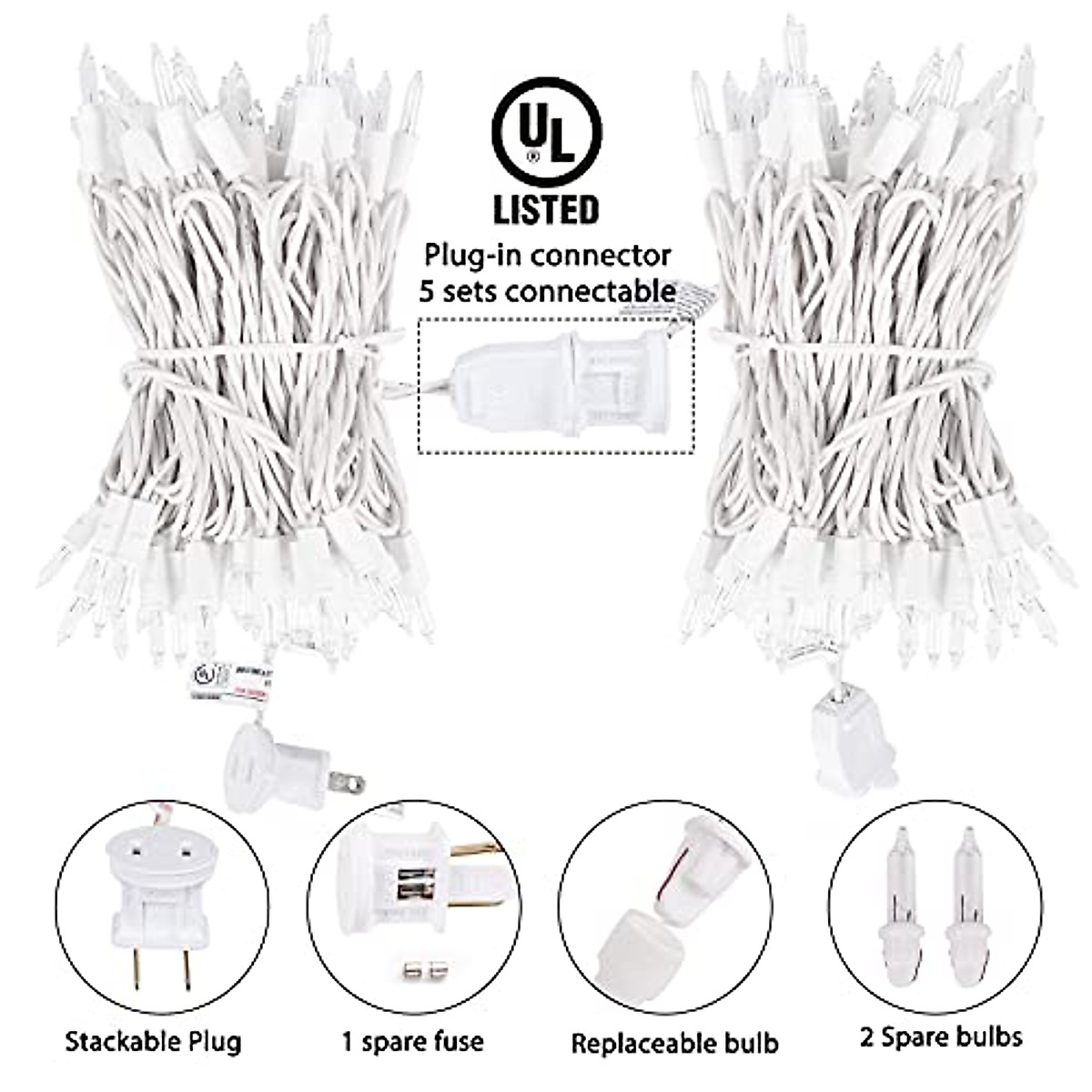 Brightown Christmas String Lights with 100 Clear Bulbs on White Wire - UL Approved for Indoor Outdoor Use, 26.5 FT Waterproof Connectable Christmas Tree Lights for Party Holiday Patio Decorations