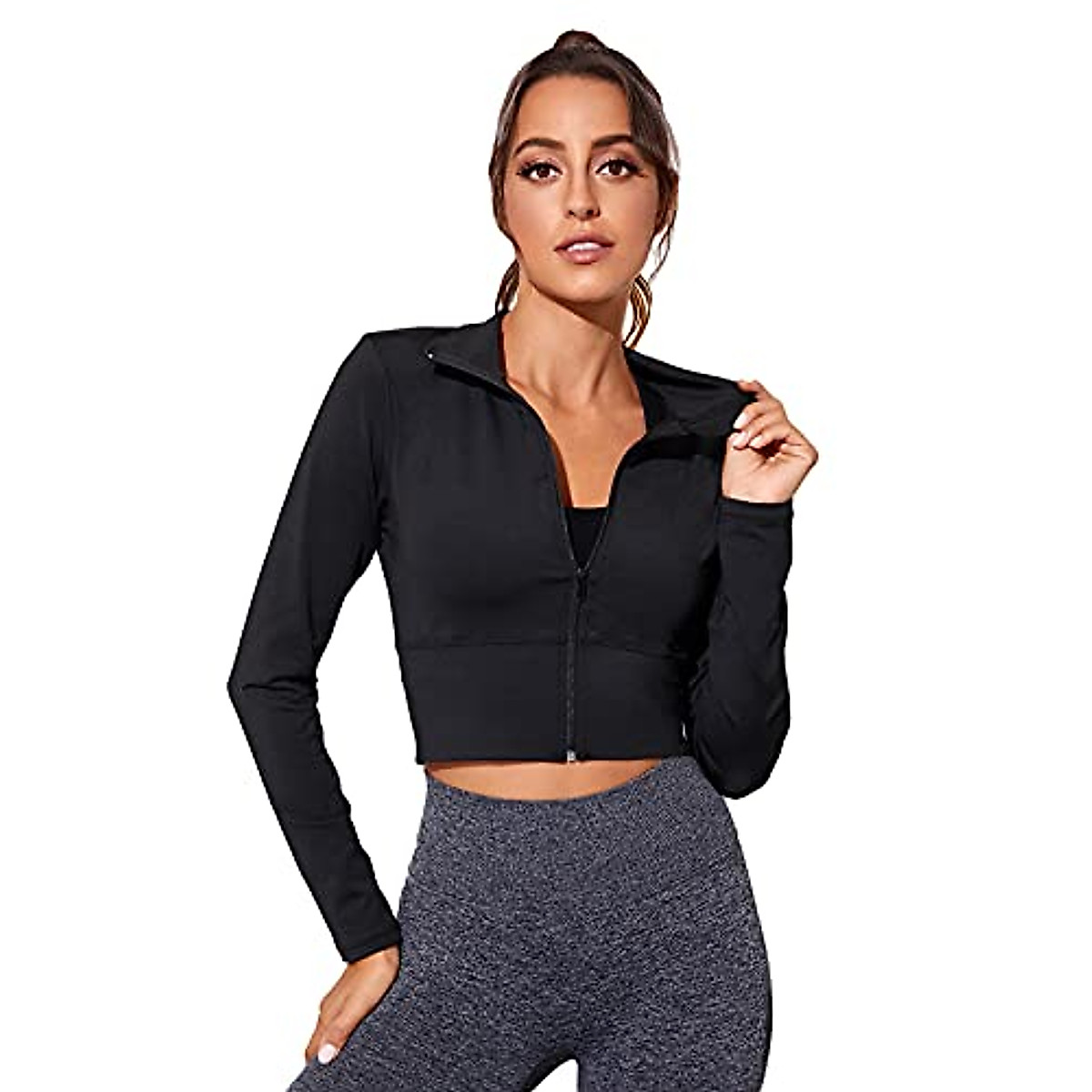 SOLY HUX Women's Lightweight Full Zip Athletic Long Sleeve Crop Running Workout Yoga Sportwear Jacket Black M