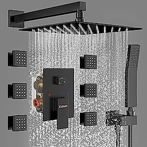 STARBATH Matte Black Shower System with Rain Shower and Handheld Shower Head, 12 Inch Wall Mounted Shower Faucet Rough-in Mixer Valve and Trim Included Shower Combo Set (/ with Body Jets)