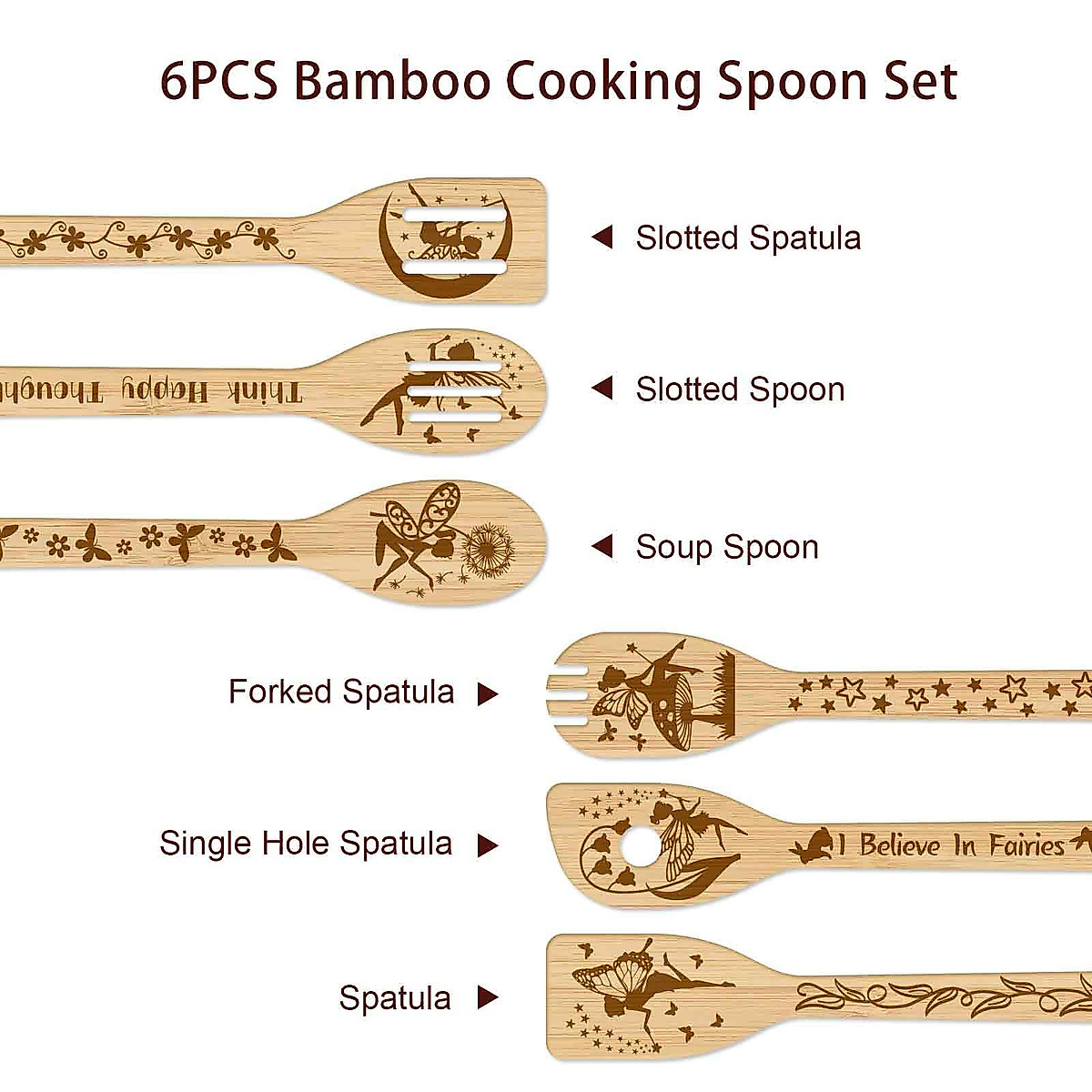 GLOBLELAND 6Pcs Elves Bamboo Cooking Utensils Wooden Engraved Cooking Spoons Set Carving Kitchen Bamboo Spatula Set Wood Cooking Spoon for Kitchen House Warming Gift