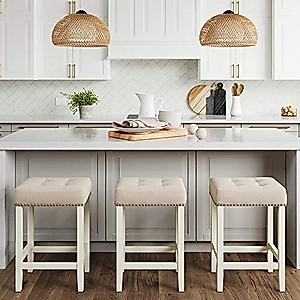 Nathan James Hylie Nailhead Wood Pub-Height Kitchen Counter Bar Stool 24", Natural Flax/White
