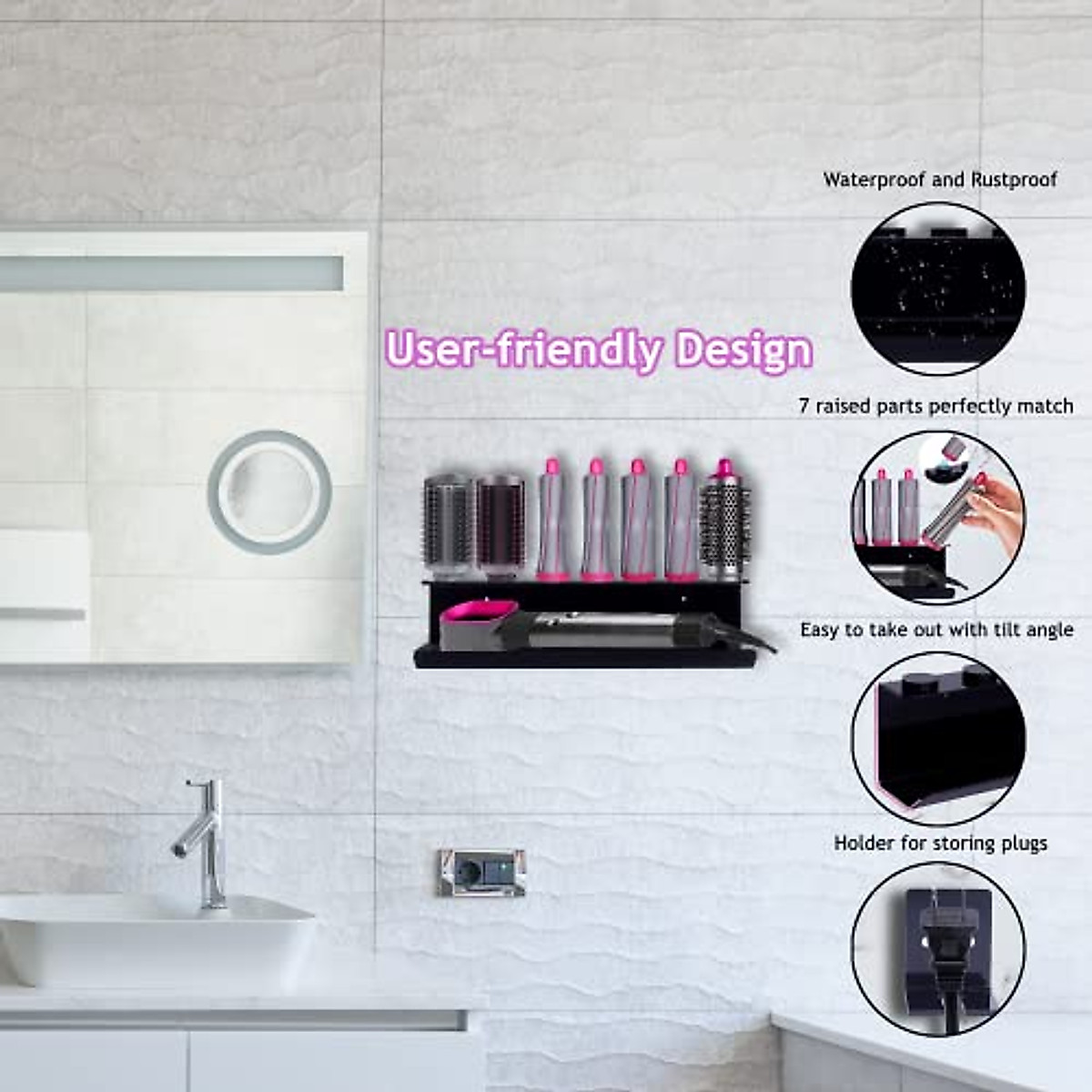 LONCHDAN Storage Holder for-Dyson Airwrap Curling Iron Accessories Hair Dryer Holder Acrylic Wall Mounted Stand Rack for-Dyson Air Wrap Styler with Adhesive (for Some Airwrap Not All)