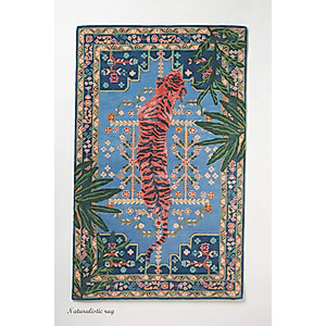 Bengal Tiger Animal Print Wool Area Rug Handmade Featuring Symmetrical Palm Leaves Design - Ideal for Living Room Bedroom Kids Room & Office (Red, 6'x9')