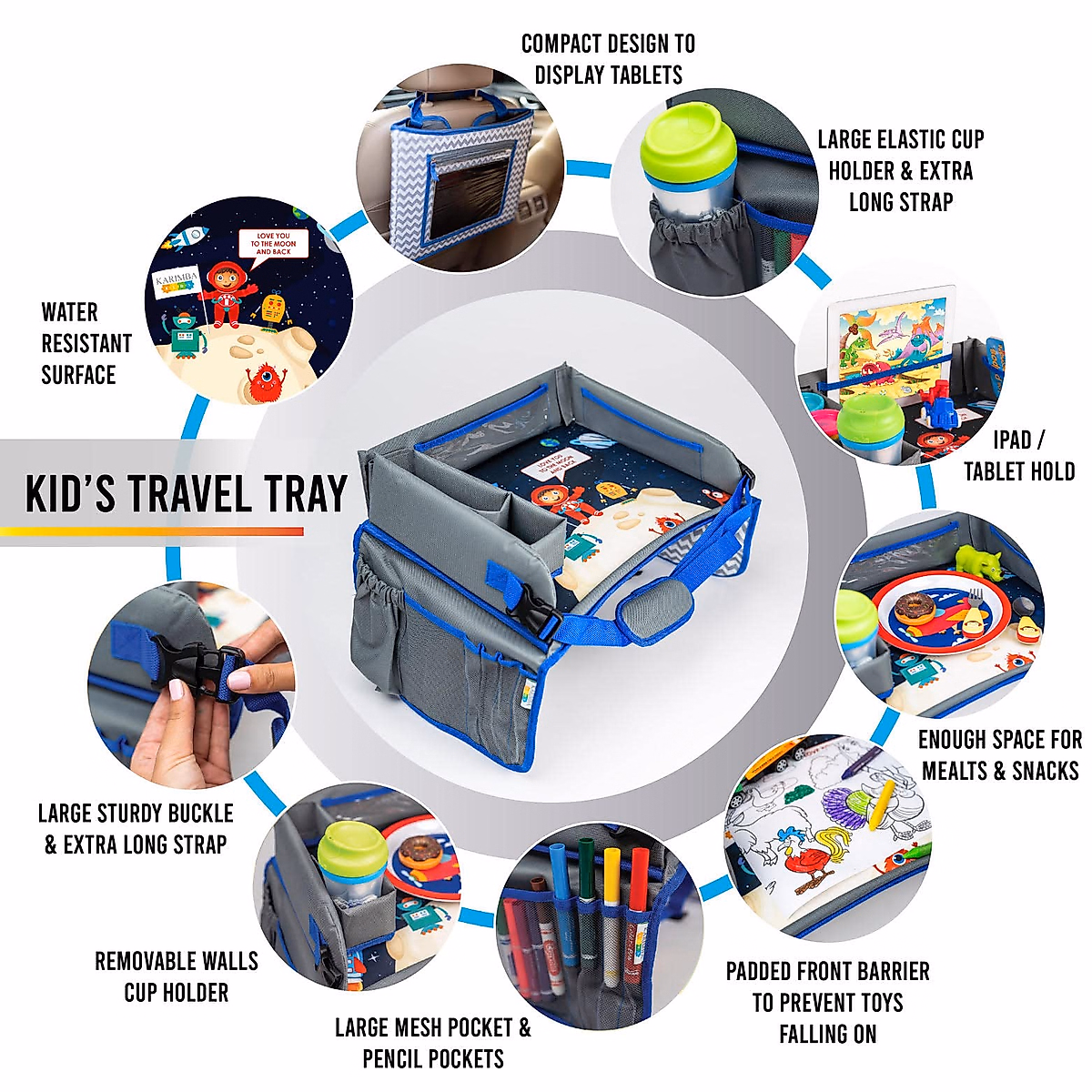Kids Travel Tray - Car Seat Tray - Travel Lap Desk Accessory for Your Child's Rides and Flights - it's a Collapsible Organizer that Keeps Children Entertained Holding Their Toys (Blue)