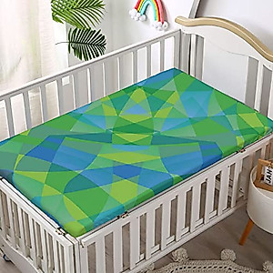 Polygons Themed Fitted Mini Crib Sheets,Portable Mini Crib Sheets Soft & Stretchy Fitted Crib Sheet-Baby Crib Sheets for Girl or Boy,24“ x38“,Green and Sea Blue