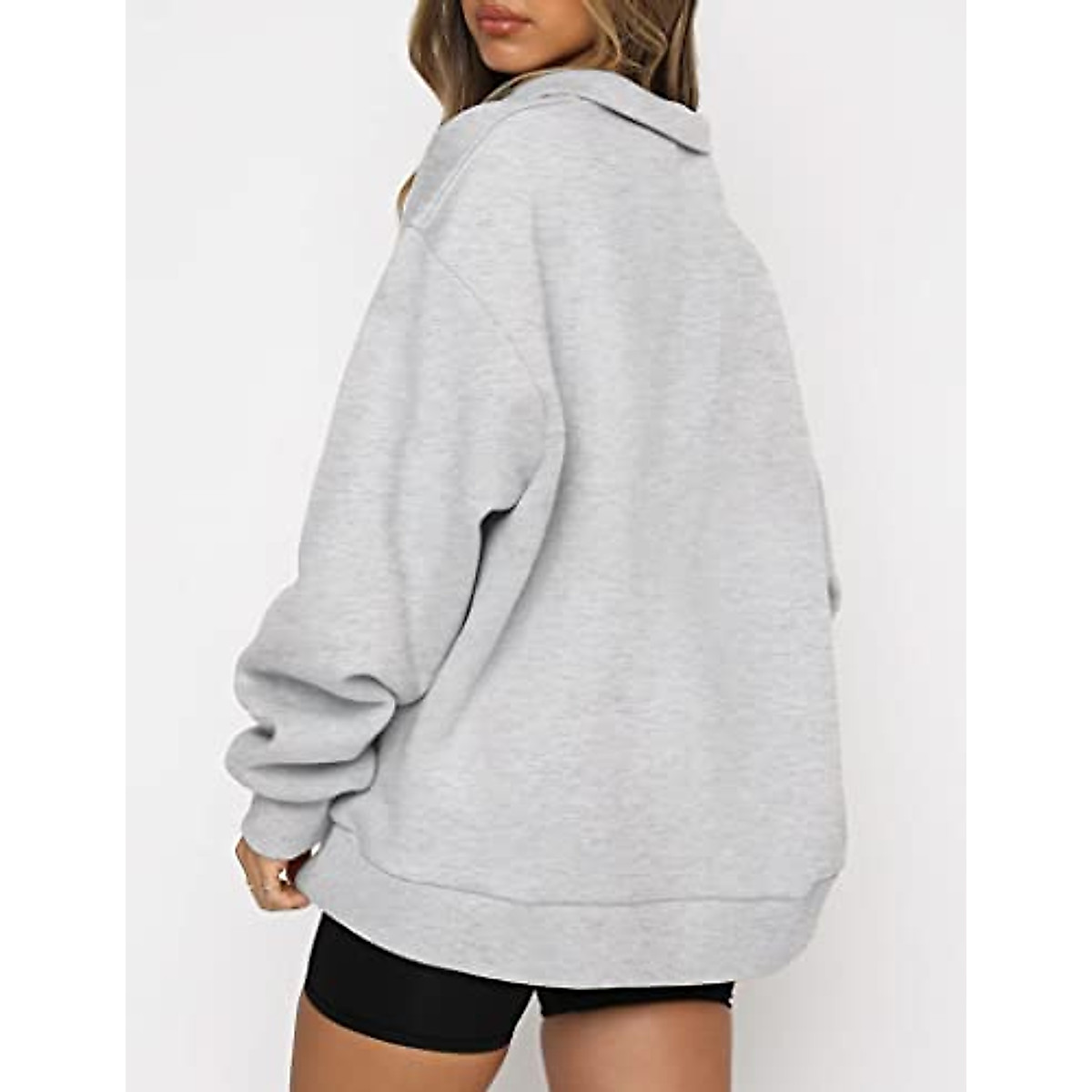 Womens Oversized Half Zip Pullover Sweatshirt Long Sleeve V Neck Sweatshirts Quarter Zip Teen Girls Fall Y2K Clothes Trendy Drop Shoulder Loose Fit Outfits Grey