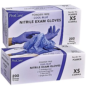 Medical Exam Disposable Nitrile Gloves X-Small, 400 Count - Powder Free, Rubber Latex Free, Food Safe, Surgical Grade, Ambidextrous, Textured Tips, 3 Mil Thickness - Cool Blue (2 Boxes of 200)