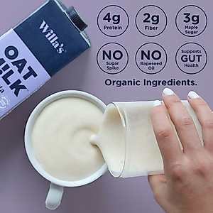 Willa's Organic Barista Oat Milk, Gluten Free, Vegan, Foams & Froths For Coffee Creamer/Matcha, Whole Grain Oats, Maple Sugar, Vanilla Extract, Non GMO, 3g Sugar, 4g Protein, 32 oz, 1 Pack