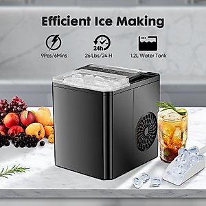 OLIXIS Ice Maker Countertop, 9 Cubes Ready in 6 Mins, 26lbs in 24Hrs, Self-Cleaning Ice Machine with Ice Scoop and Basket, 2 Sizes of Bullet Ice, Bright Black