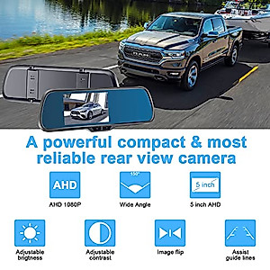 Rohent Backup Camera for Car HD 1080P 5 Inch Monitor Rear View Mirror Camera System Easy Installation Waterproof Real Night Vision for Truck Minivan SUV N01