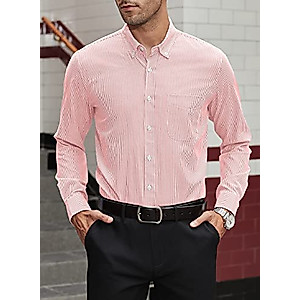 Renaowin Mens Dress Shirt with Front Pocket Regular Fit Pinpoint Stripe Button Down Long Sleeve Shirts US 46(XL) Red