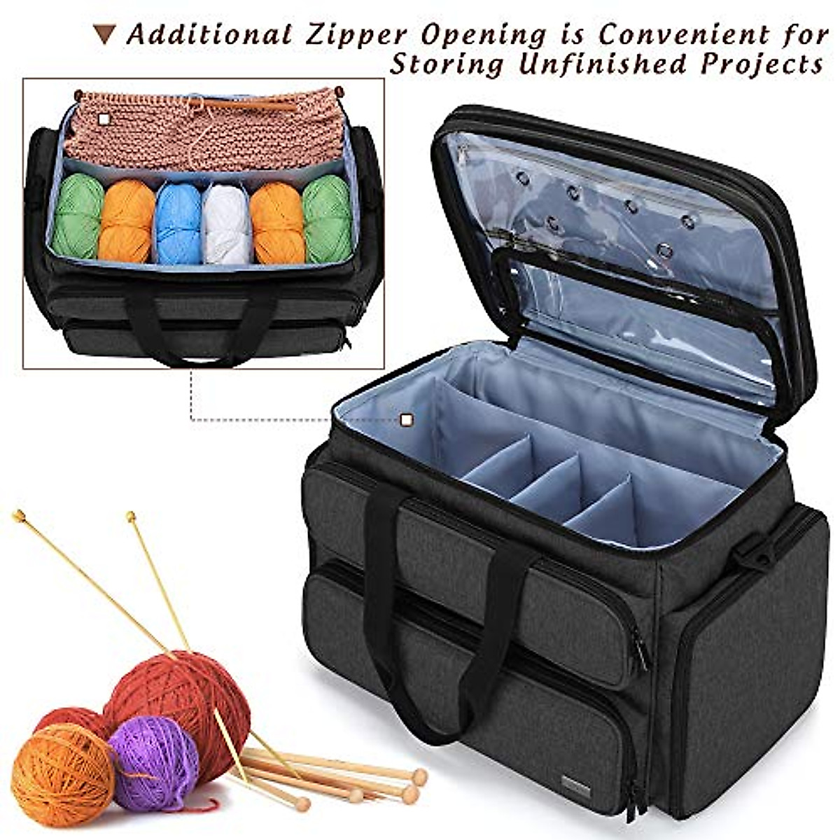 YARWO Knitting Yarn Bag, Portable Crochet Storage Tote with Double Top Cover and Yarn Holes for Knitting Needles(Up to 14”), Unfinished Projects and Skeins of Yarn, Black