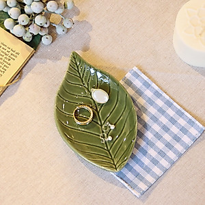 LZBALUYO Jewelry Dish Trinket Tray for Women, Ring Dish Holder, Unique Leaf Shape Ceramic Plate Cute Things Vanity Aesthetic Room Decor Mother's Day Birthday Christmas Warm House Gifts (Green)