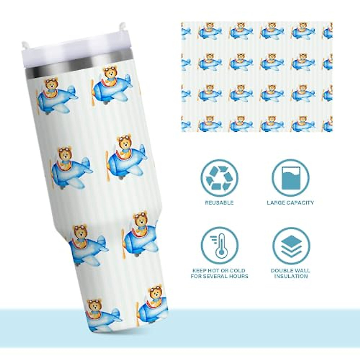 ODAWA Large Travel Coffee Tumbler with Handle and Straw, Bear Pilot Blue Airplane Leak Proof Tumbler