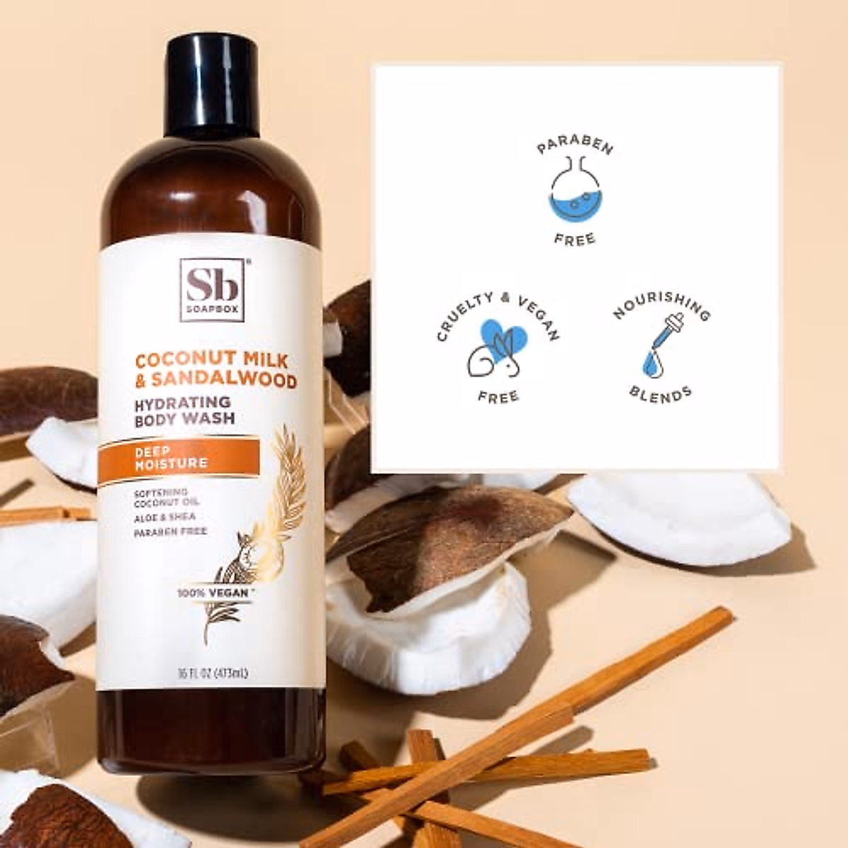 Soapbox Body Wash, Coconut Milk & Sandalwood - Moisturizing Body Wash Cleanser w/Aloe Vera & Shea Butter | Paraben Free, Gluten Free, Cruelty Free & Vegan Body Wash, 16oz Bottles (Pack of 3)