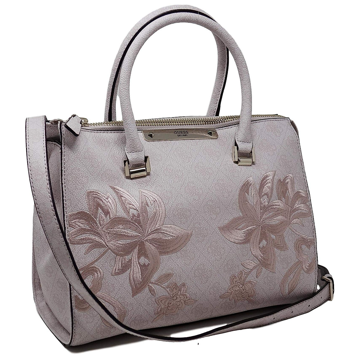 GUESS Women's Britta Logo Floral Embroidery Satchel Crossbody Bag Handbag - Cement