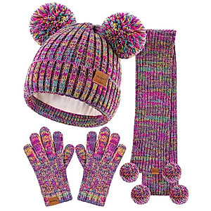 SENPUKI Kids Winter Hat Gloves Scarf Set, Girls Toddler Children Beanie with Pom Knit Neck Warmer Gaiter Mittens Fleece Lined Set